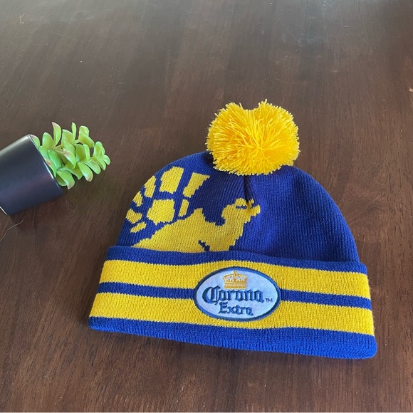 Corona | Accessories | Corona Extra Blue Yellow Pom Beanie | Poshmark